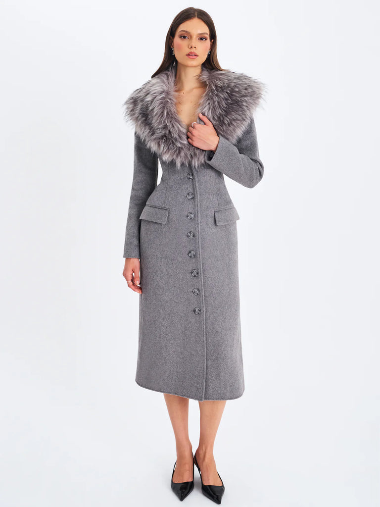 Faye Grey Wool Blend Single-Breasted Coat with Removable Faux Fur Coll ...